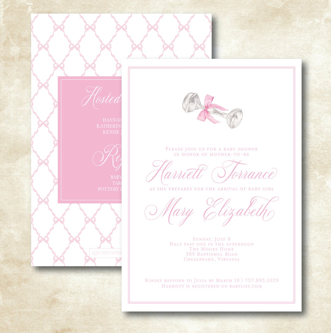 Pink Rattle Baby Shower Invitation, Watercolor Shower Invitation ...