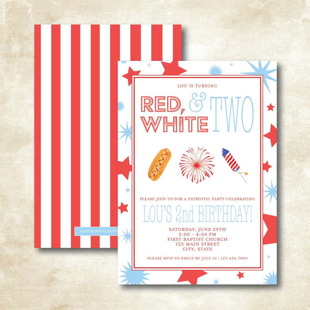 Red, White, and TWO Birthday Invitation, Patriotic Birthday, Gingham ...