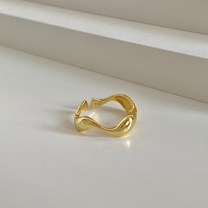 Minimalist Sterling Silver Gold Wave Ring Adjustable Dainty 18K Gold Plated Silver Ring Delicate ...