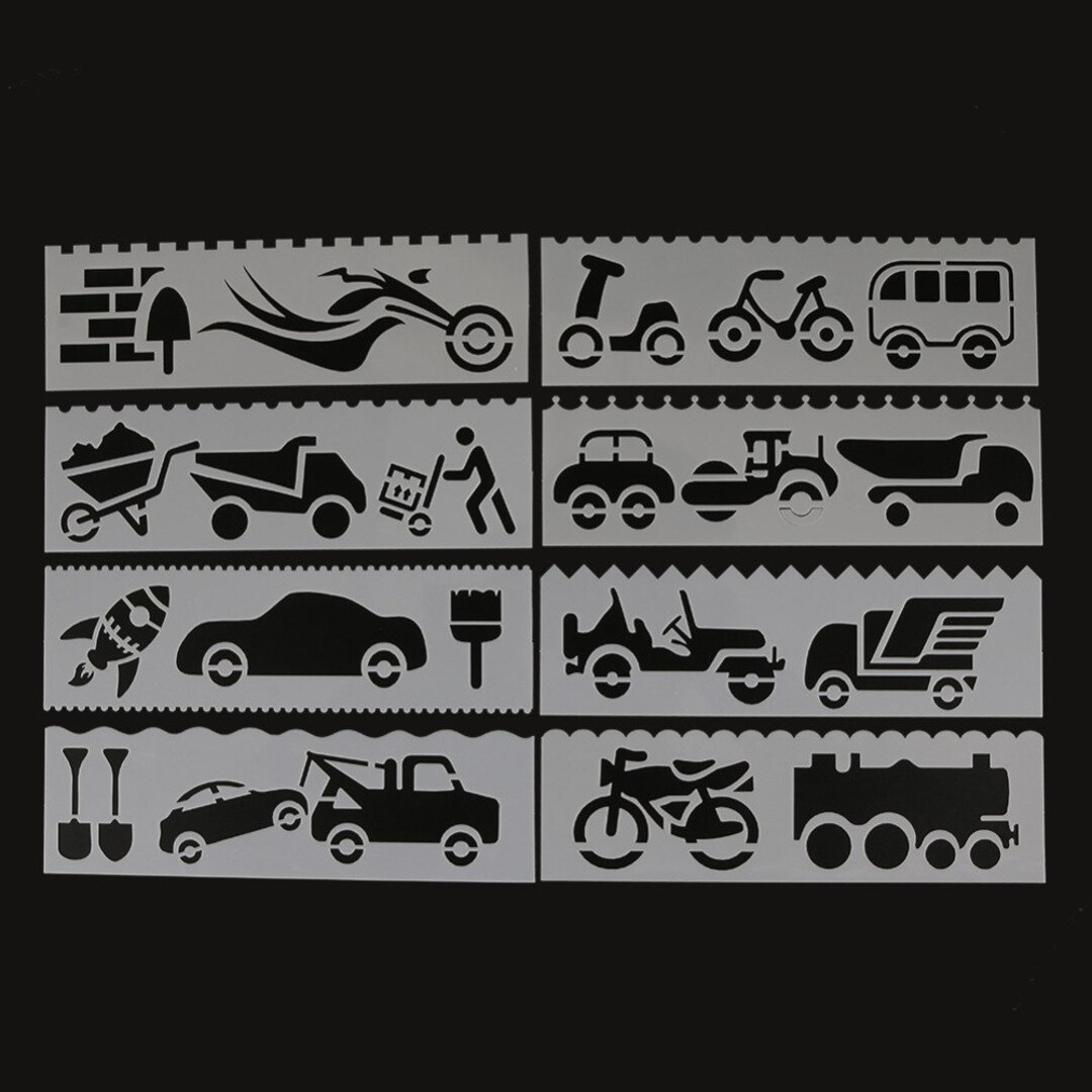 8x Cars, Technology, Motorcycle, Train, Construction Site DIY Stencils ...