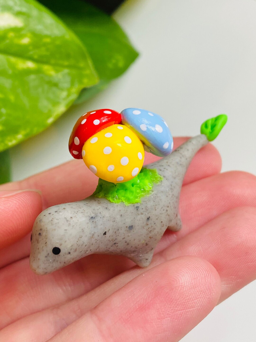 Pet Dinosaur Rock With Mushrooms and Moss, Cute Handmade Clay Miniature ...