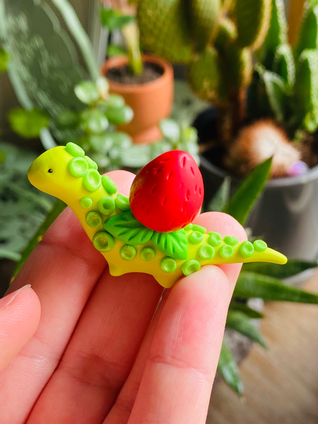 Strawberry Dinosaur, Cute Handmade Clay Miniature, Polymer Clay ...