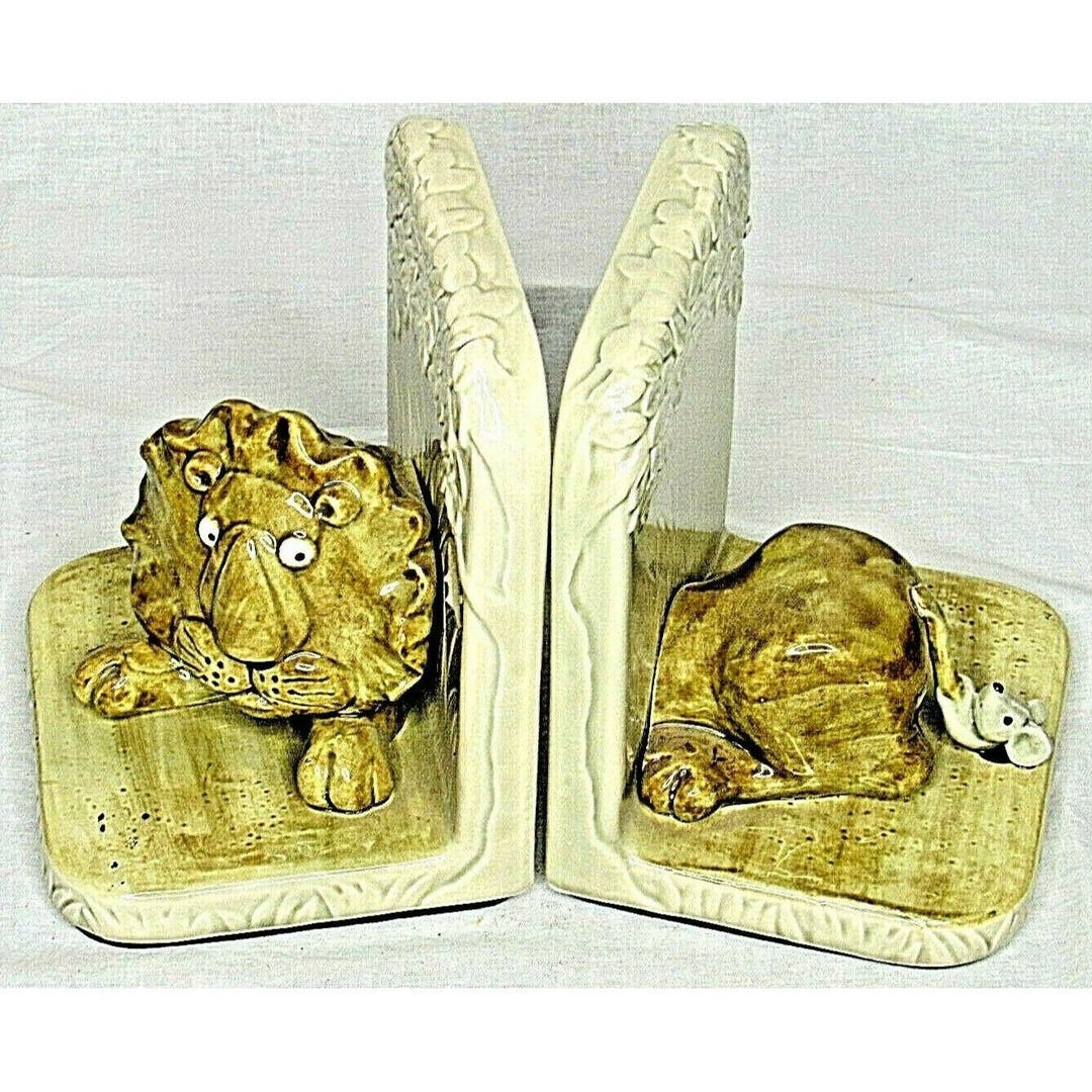 Vintage Bookends Lion Mouse Quon Art Japan Rare Ceramic 1980s - Etsy