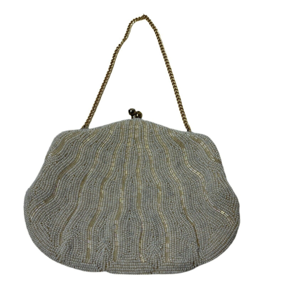 Vintage Ivory Beaded Clamshell Purse Evening Bag With Mirror - Etsy