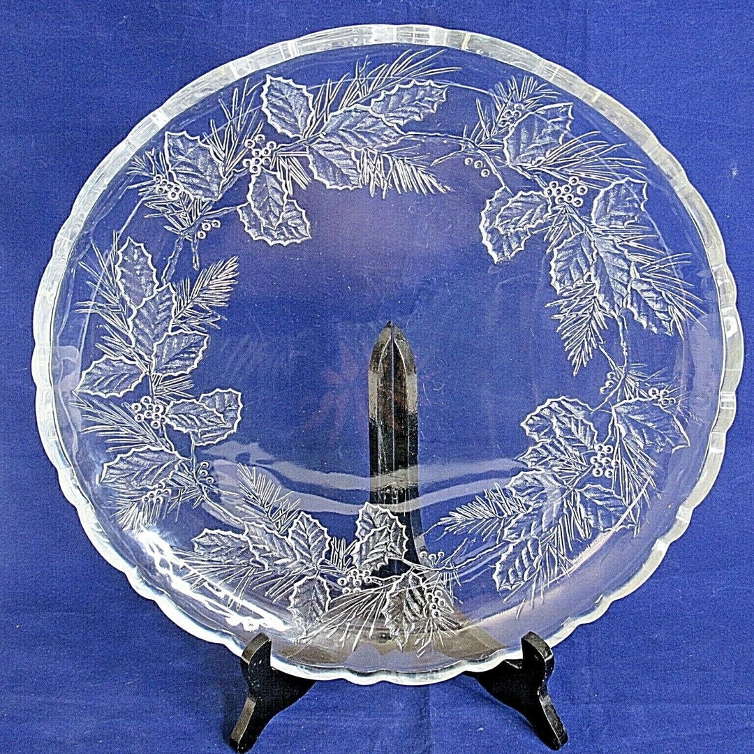Vintage Glass Round Christmas Platter Clear Holly Leaves Scalloped ...