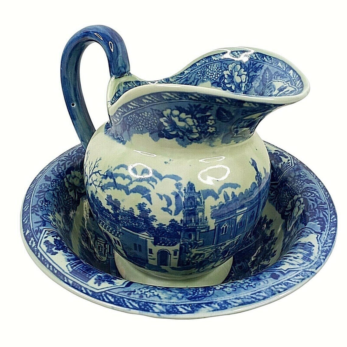 Vintage Ironstone Flow Blue Large Water Pitcher and Basin Victoria Ware ...