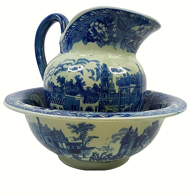 Vintage Ironstone Flow Blue Large Water Pitcher and Basin Victoria Ware ...