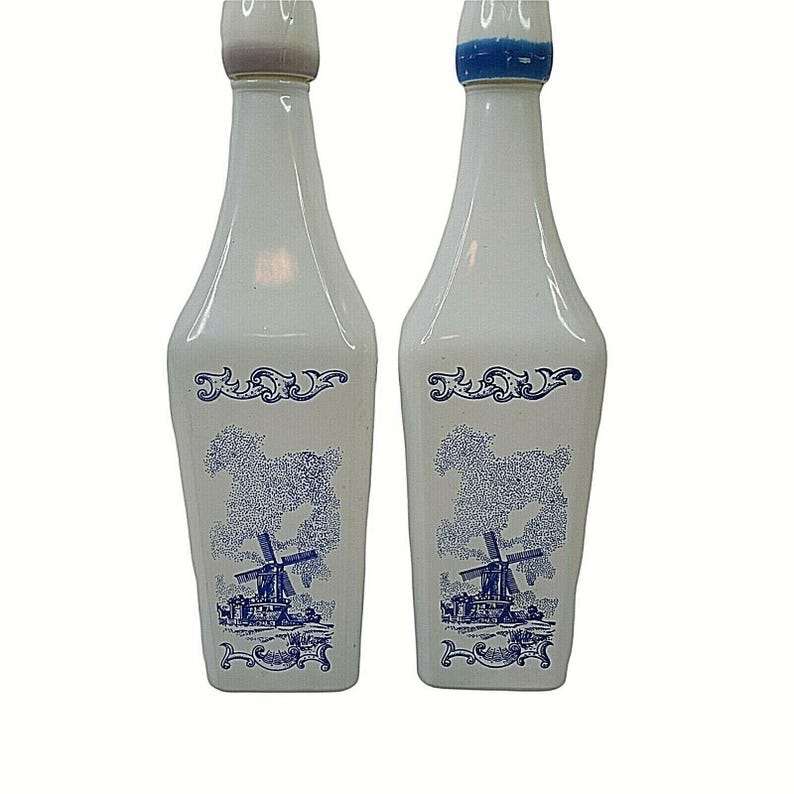 Vintage Dutch Liquor Bottles Milk Glass Blue Windmill Decanter Tulip ...