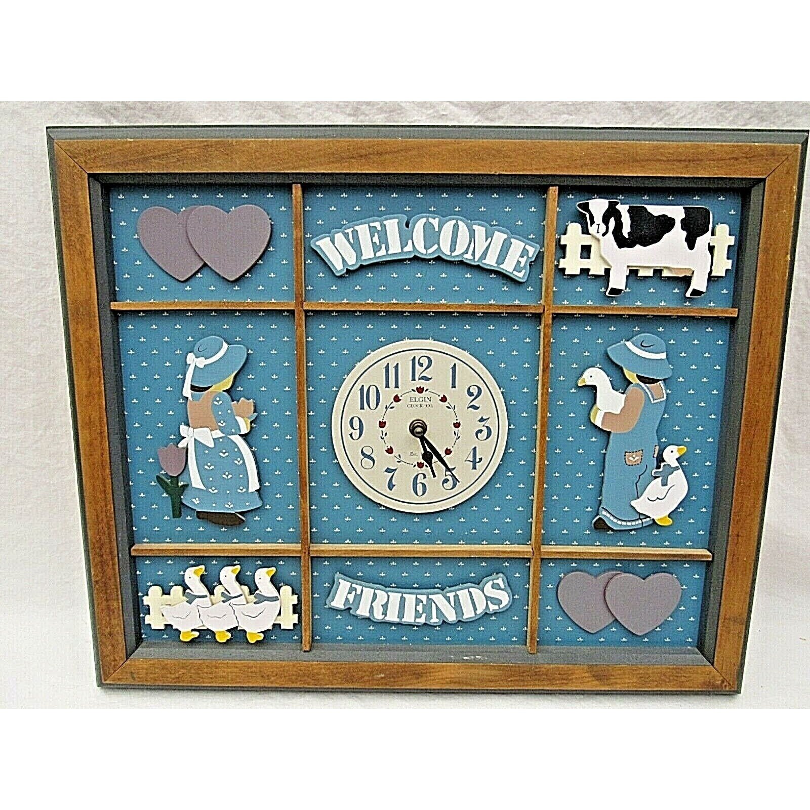Vintage Elgin Wall Clock Country Goose Welcome Friends Hanging Wood Cow ...