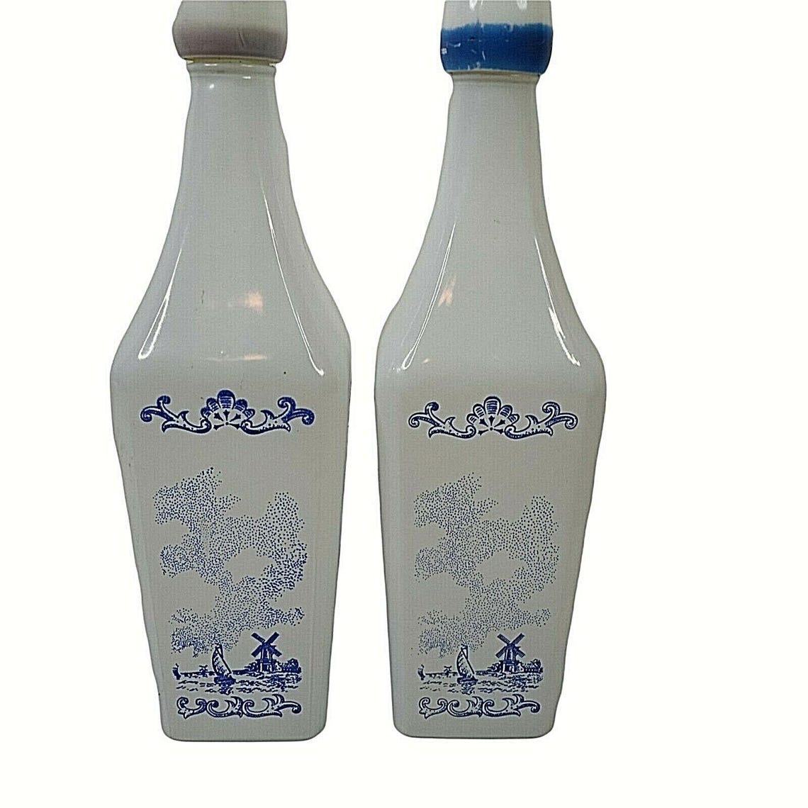 Vintage Dutch Liquor Bottles Milk Glass Blue Windmill Decanter Tulip ...