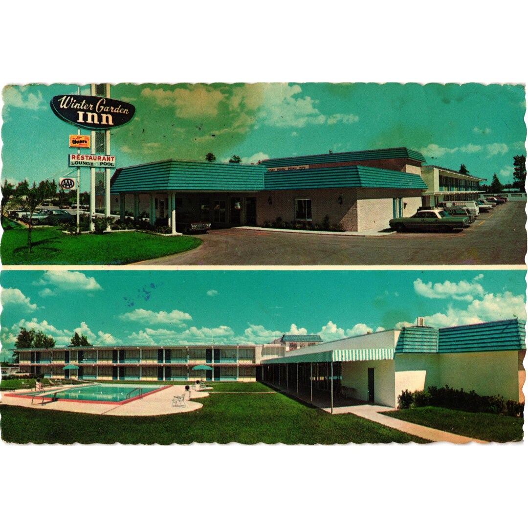 Vintage Winter Garden Inn Postcard With Colorful Exterior & Pool Scene ...