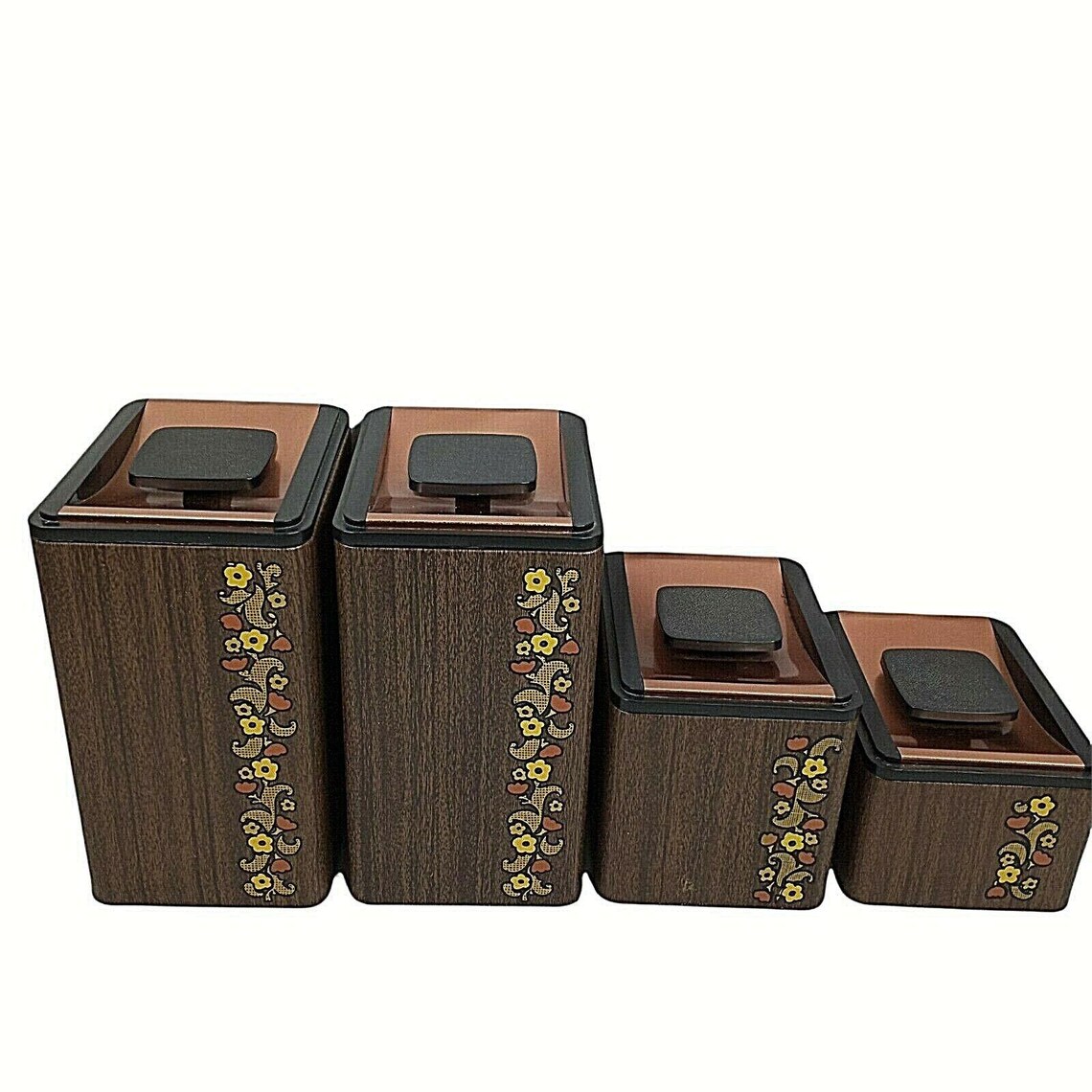 Vintage Kromex Canister Set Flower Design Wood Look Copper Lid Mid ...