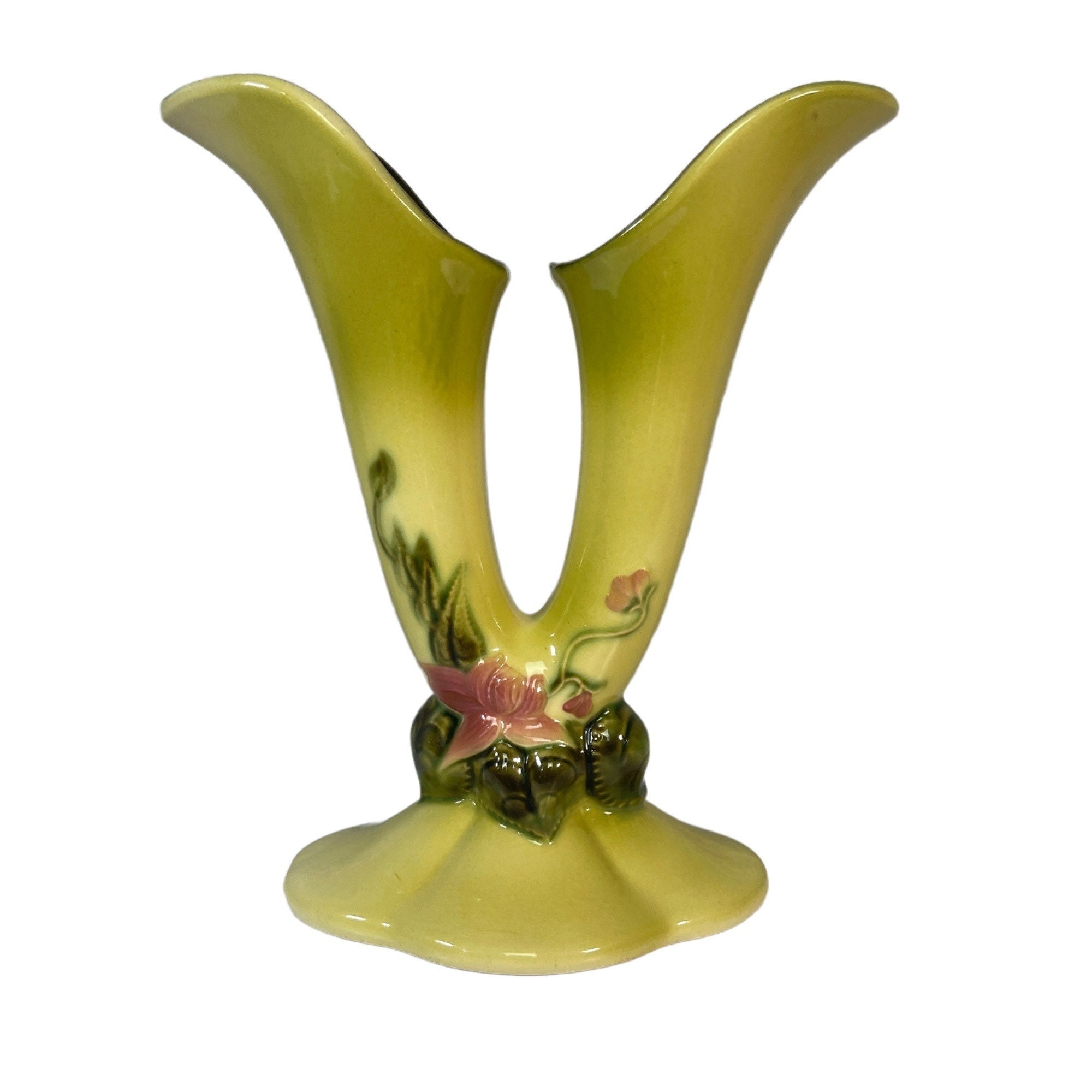 Vintage Hull Pottery Woodland Double Bud Vase Green W/ Pink Floral W-15 ...