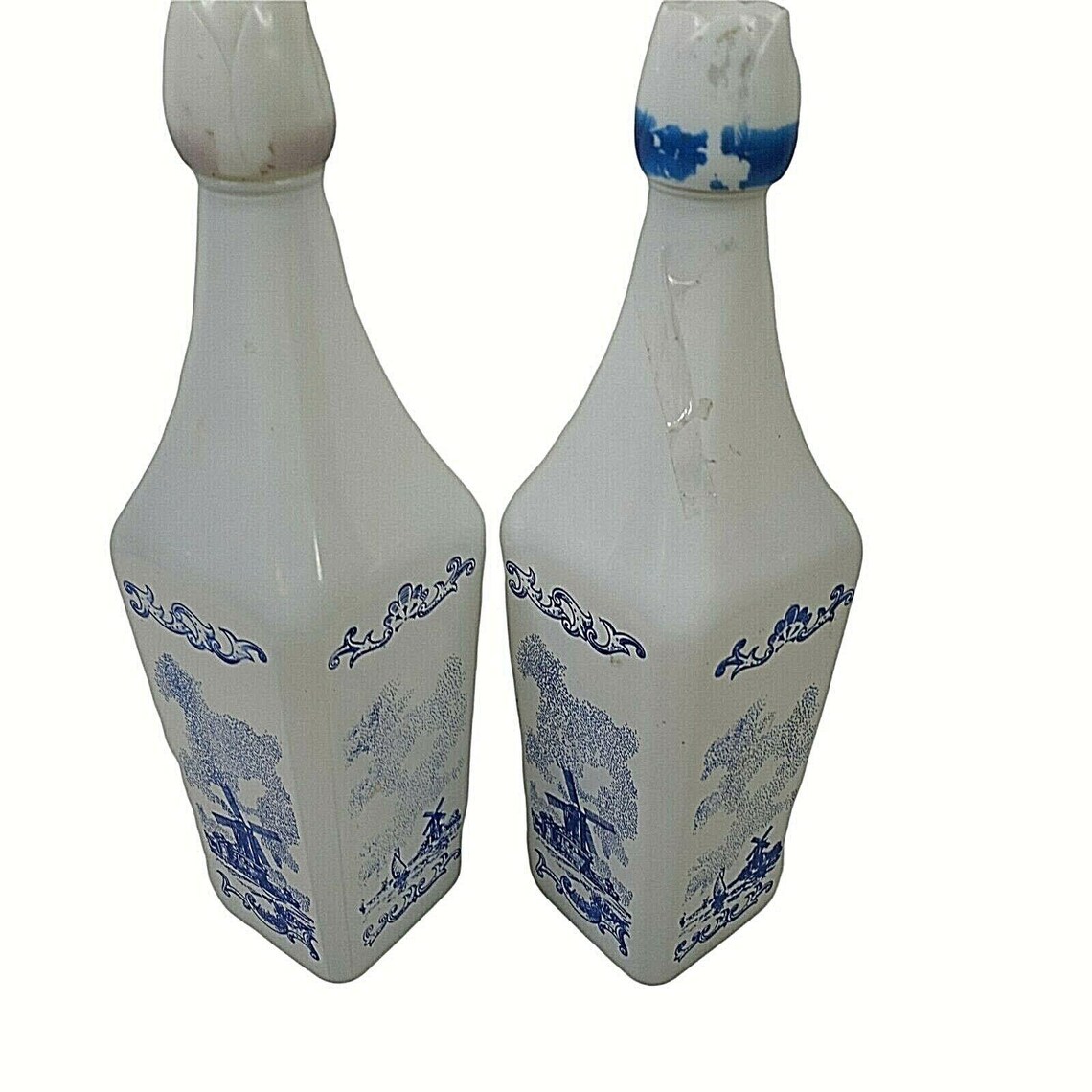 Vintage Dutch Liquor Bottles Milk Glass Blue Windmill Decanter Tulip ...
