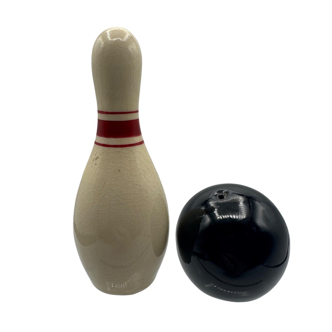 Vintage Ceramic Bowling Pin & Ball Salt and Pepper Shaker Set With Red ...