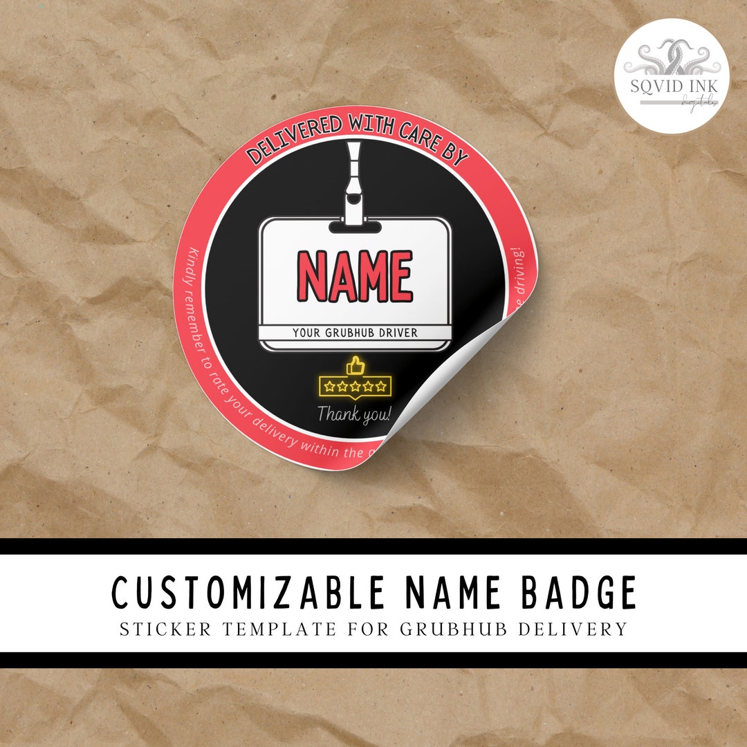 Customizable Sticker Template- Name Badge- Grubhub Delivery- Editable ...