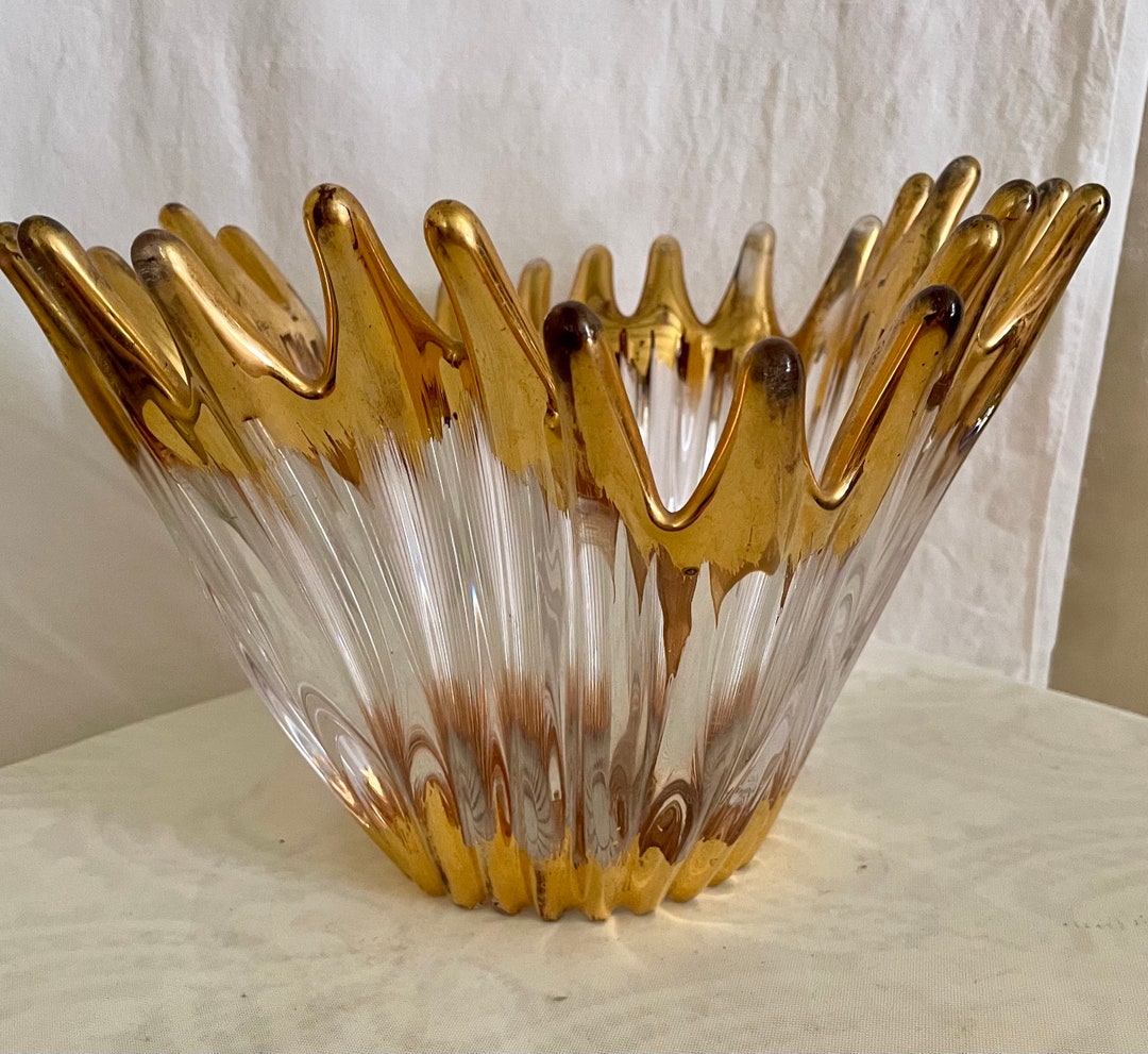 French Crystal De Bayel Crystal Glass Fruit Bowl 1950s 60s Gold Leaf to ...