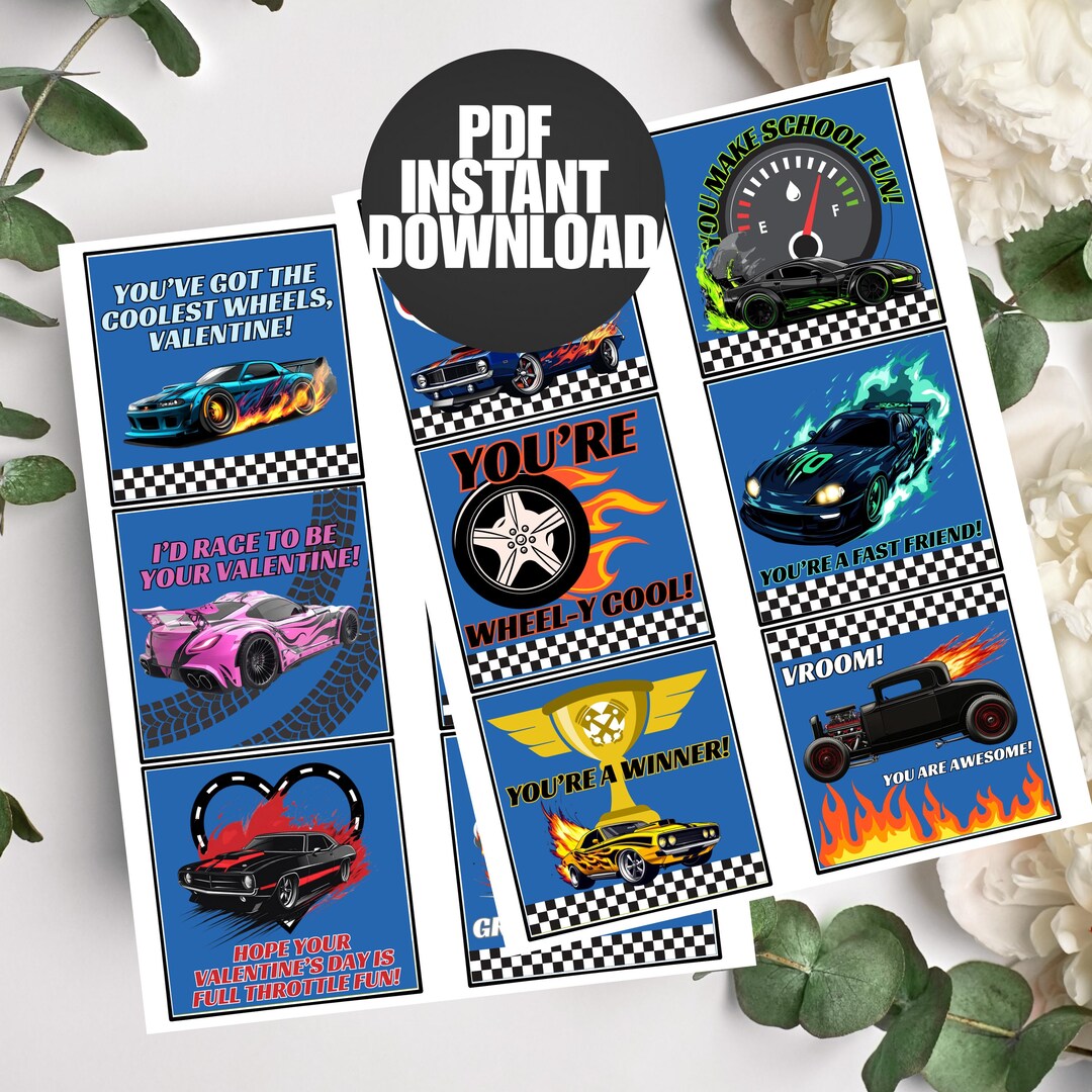 Race Car Valentine's Day Cards Instant Download | Hot Wheels Inspired ...