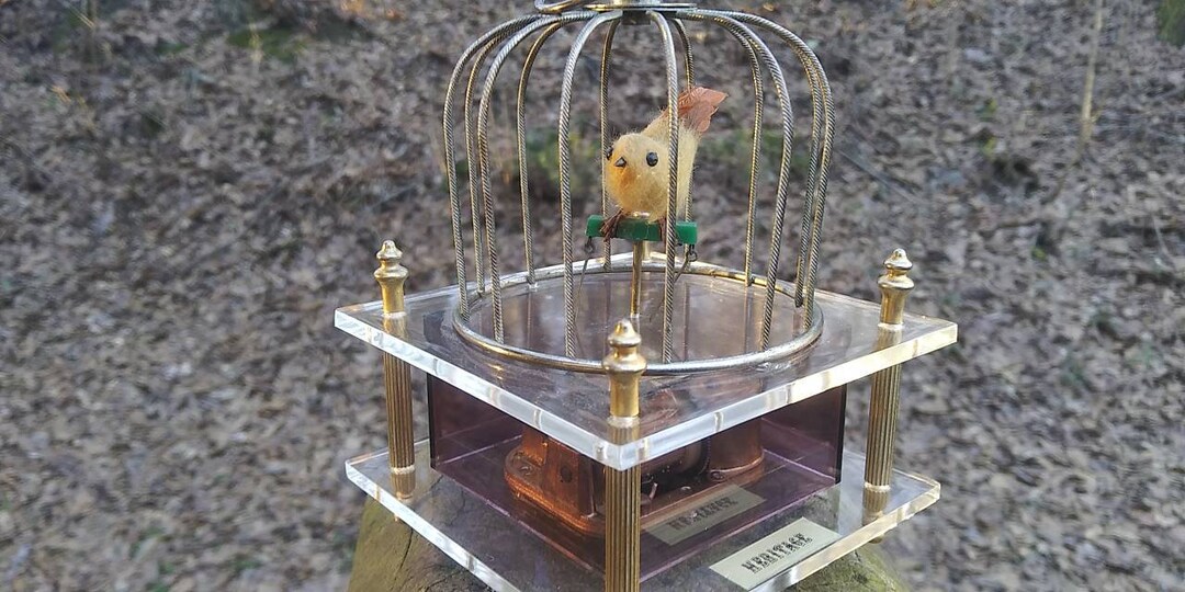 Automaton Music Box - Vintage - Bird in Cage - 1970s - Brass - Lucite ...
