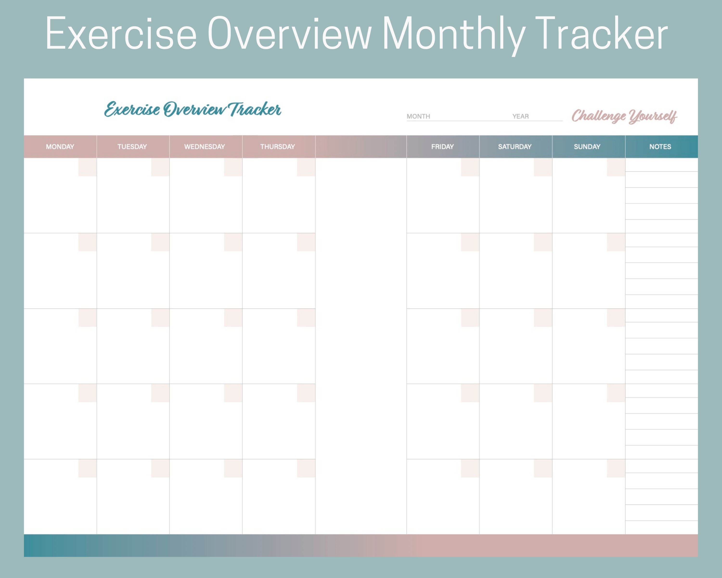 Exercise Overview Monthly Tracker Printable - Etsy