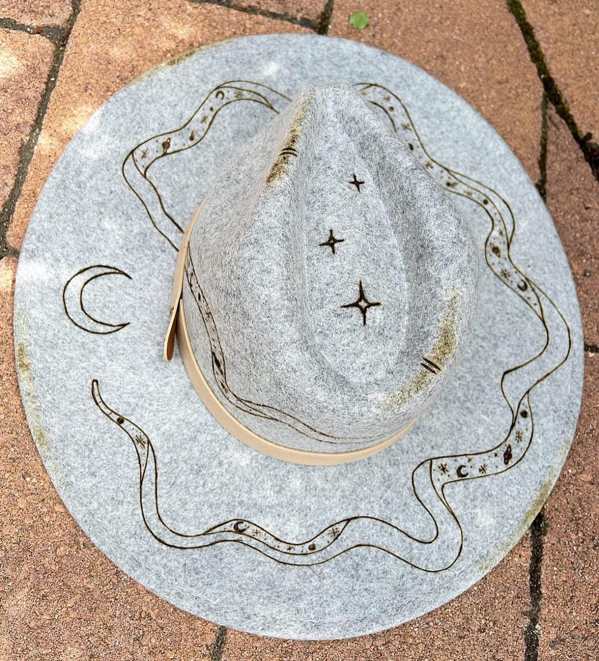 Cowboy Wide Brim Felt Hat, Custom Burned Pyrography, Galaxy, Grey ...