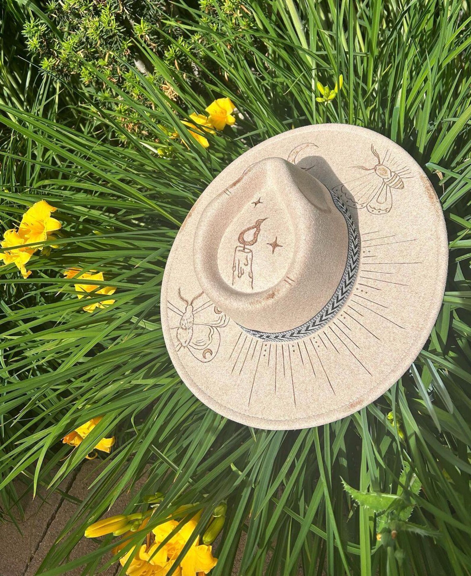 Cowboy Wide Brim Felt Hat, Custom Burned Pyrography, Candle, Moth, Moon ...