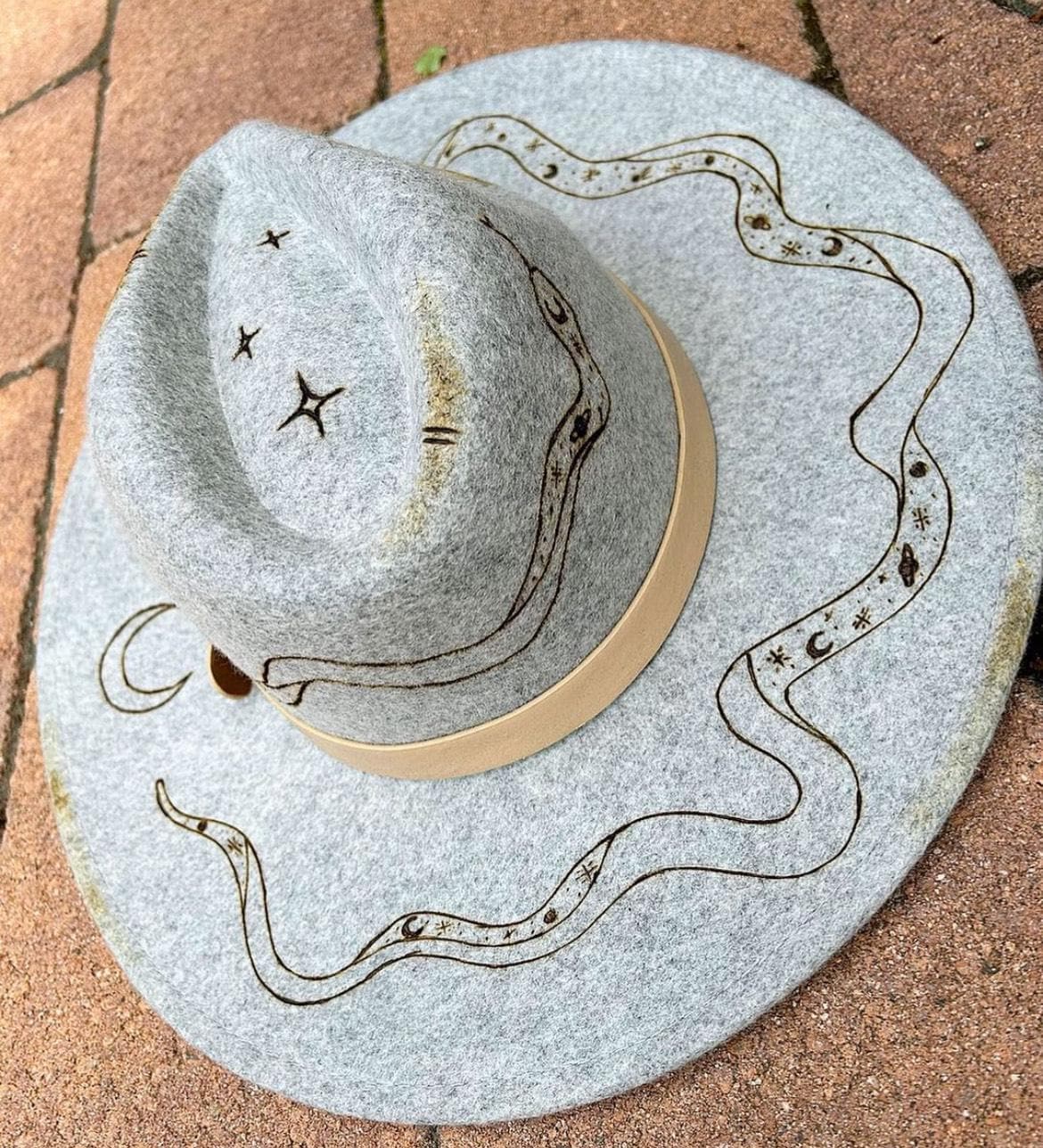 Cowboy Wide Brim Felt Hat, Custom Burned Pyrography, Galaxy, Grey ...