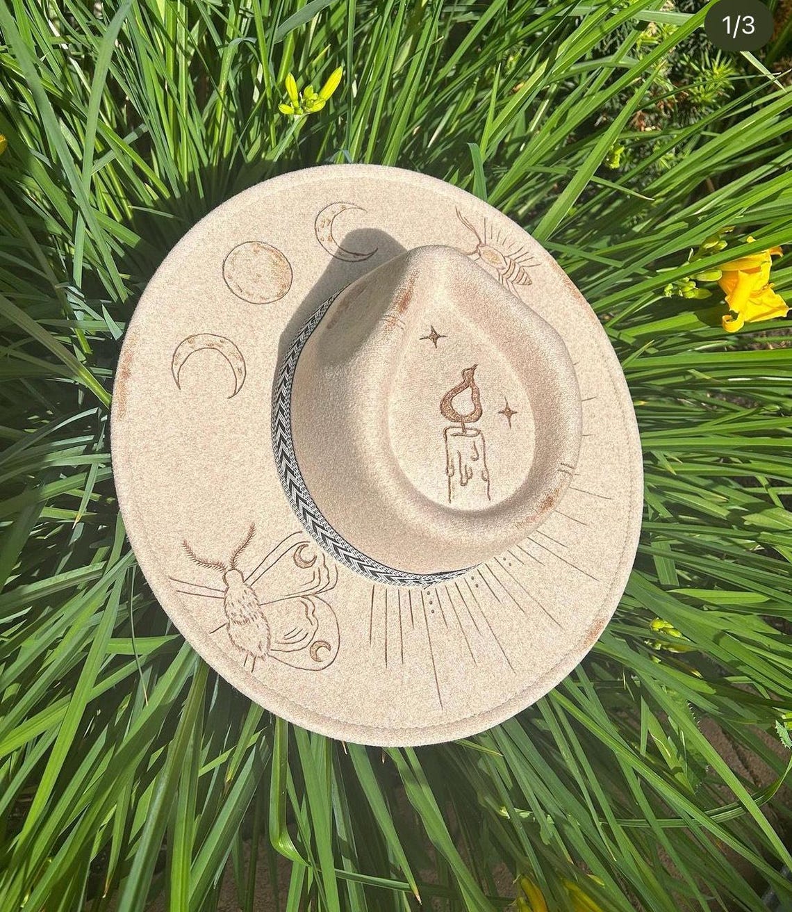 Cowboy Wide Brim Felt Hat, Custom Burned Pyrography, Candle, Moth, Moon ...