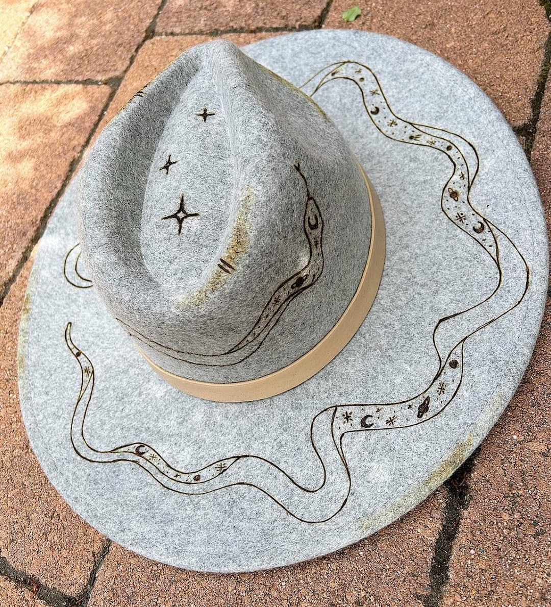 Cowboy Wide Brim Felt Hat, Custom Burned Pyrography, Galaxy, Grey ...
