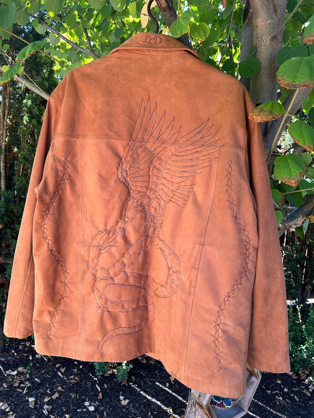 Large Leather Jacket, Free Hand Art, Custom Burned Designs, Pyrography ...