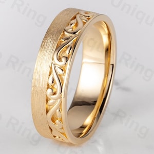 14K Gold Floral Wedding Band Ring: Cottagecore Leaf Design - Etsy