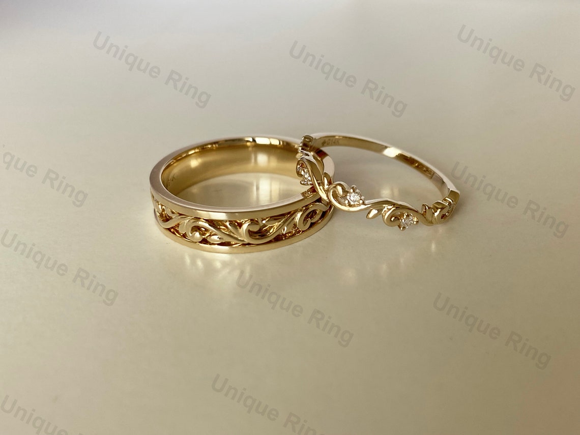 Natural Style Flower&leaf Wedding Ring Set. Cottagecore Leaf | Etsy