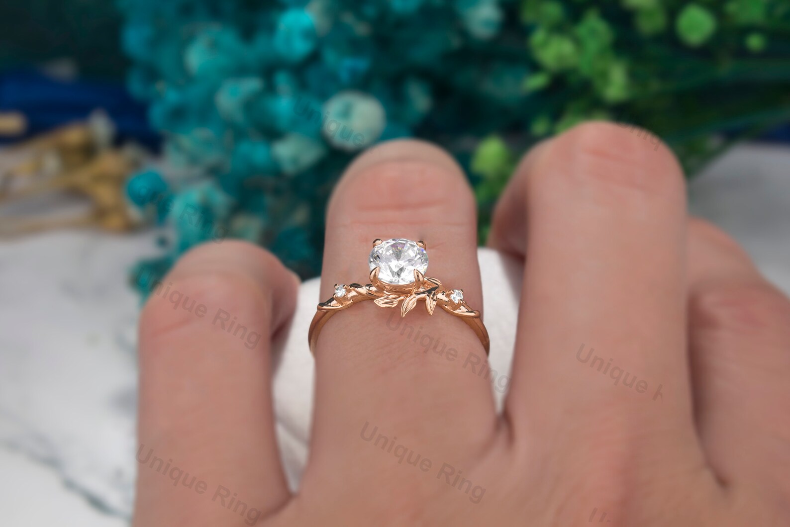 Cottagecore Round Moissanite Engagement Ring vine Leaf Ring - Etsy