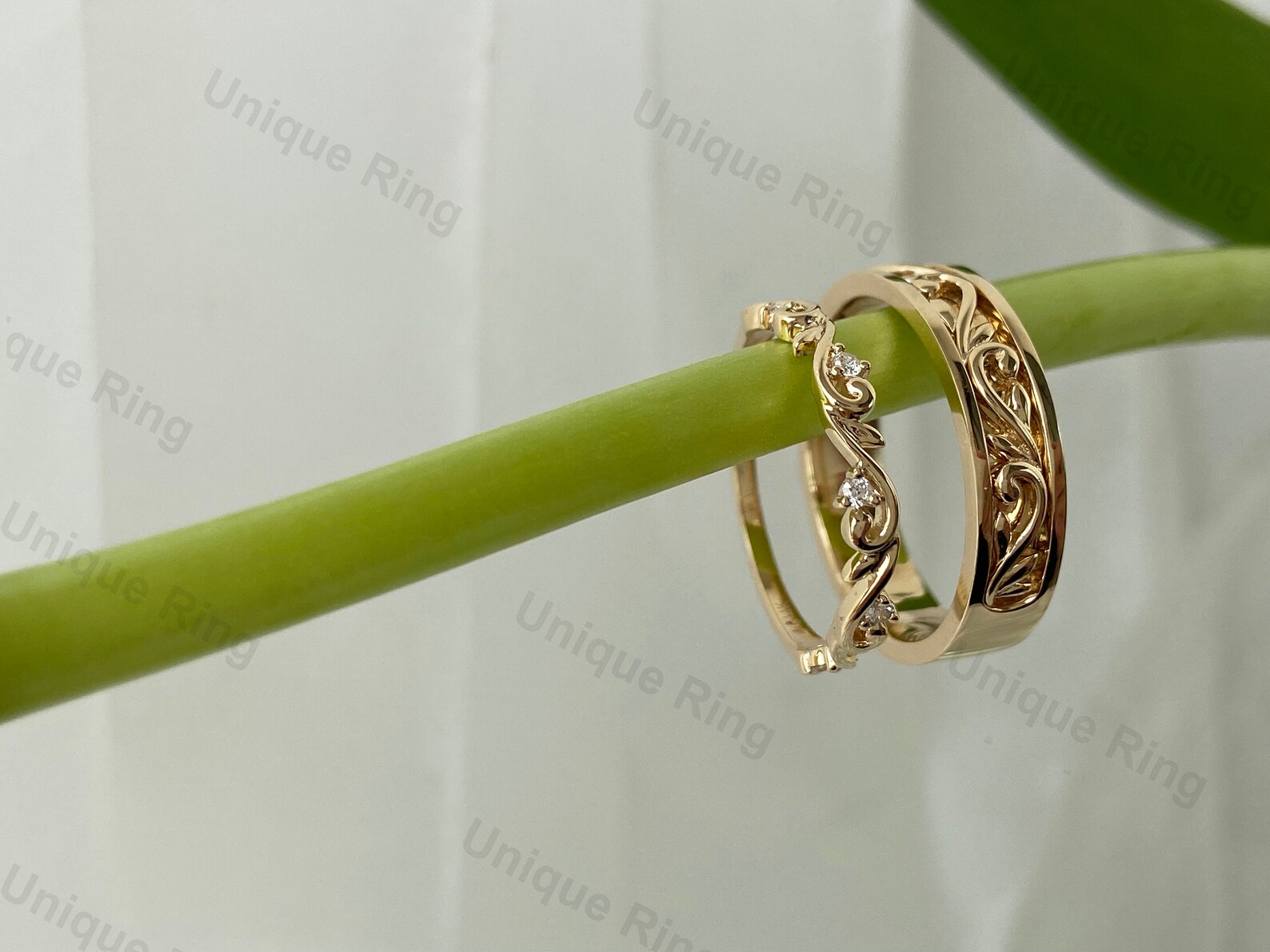 Natural Style Flower&leaf Wedding Ring Set. Cottagecore Leaf | Etsy