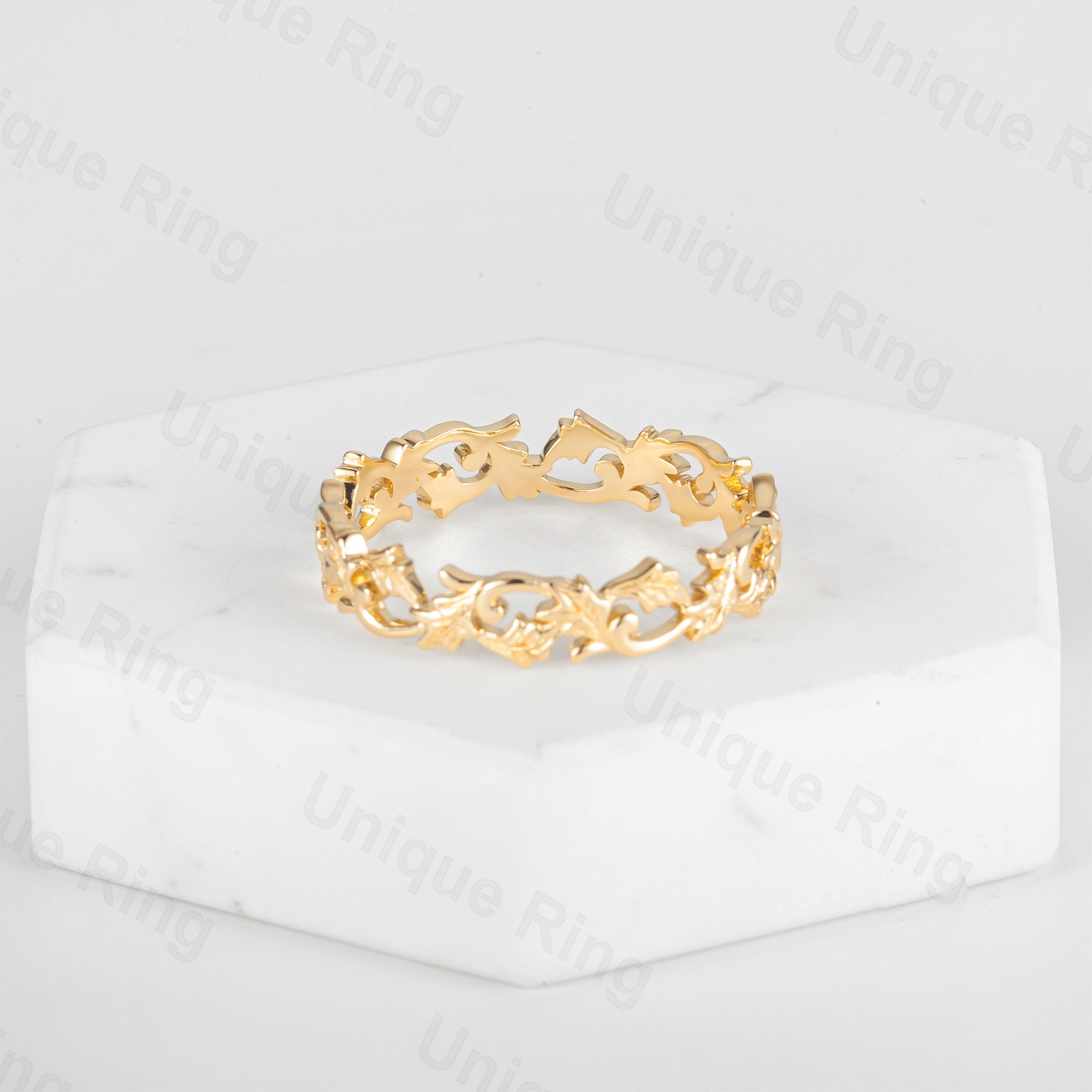 Cottagecore Leaf Solid Gold Couple Ring ,organic 14K Gold Floral ...