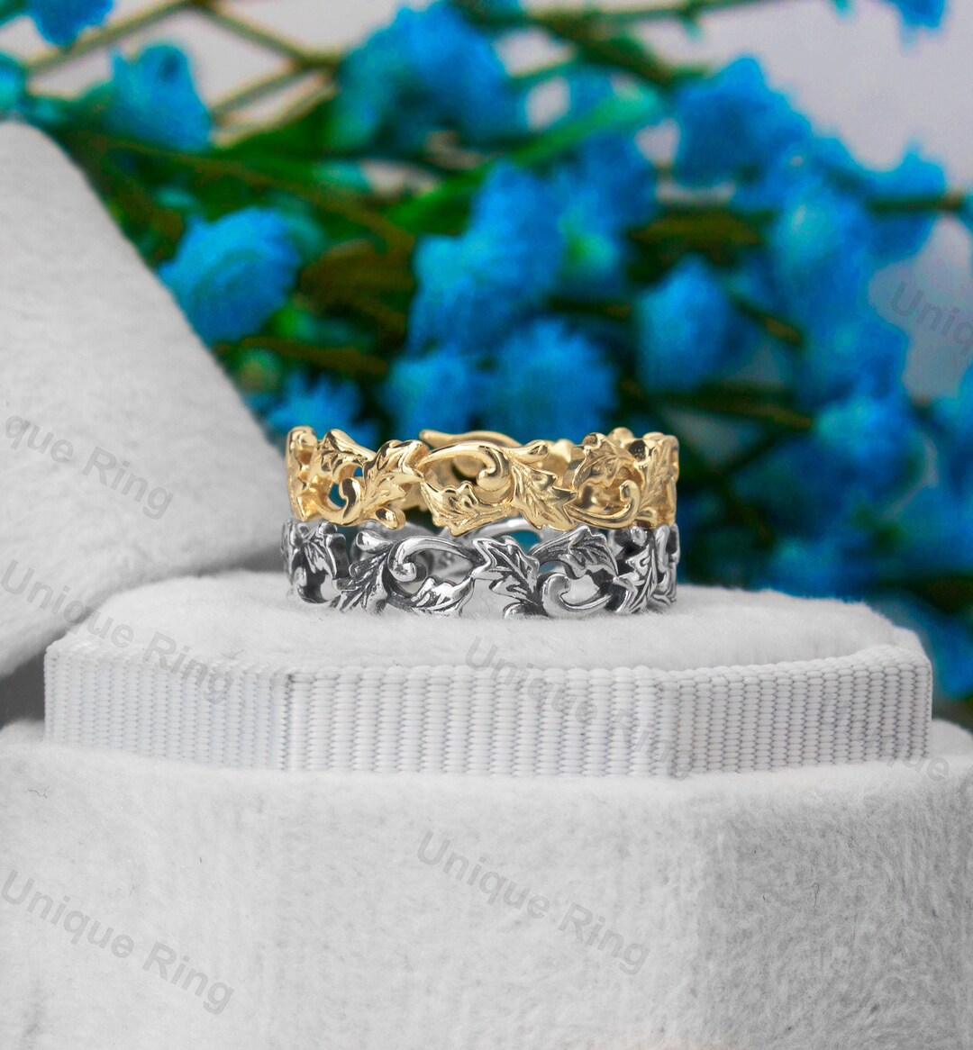 Cottagecore Grape Leaf Silver Couple Ring ,organic Floral Eternity ...