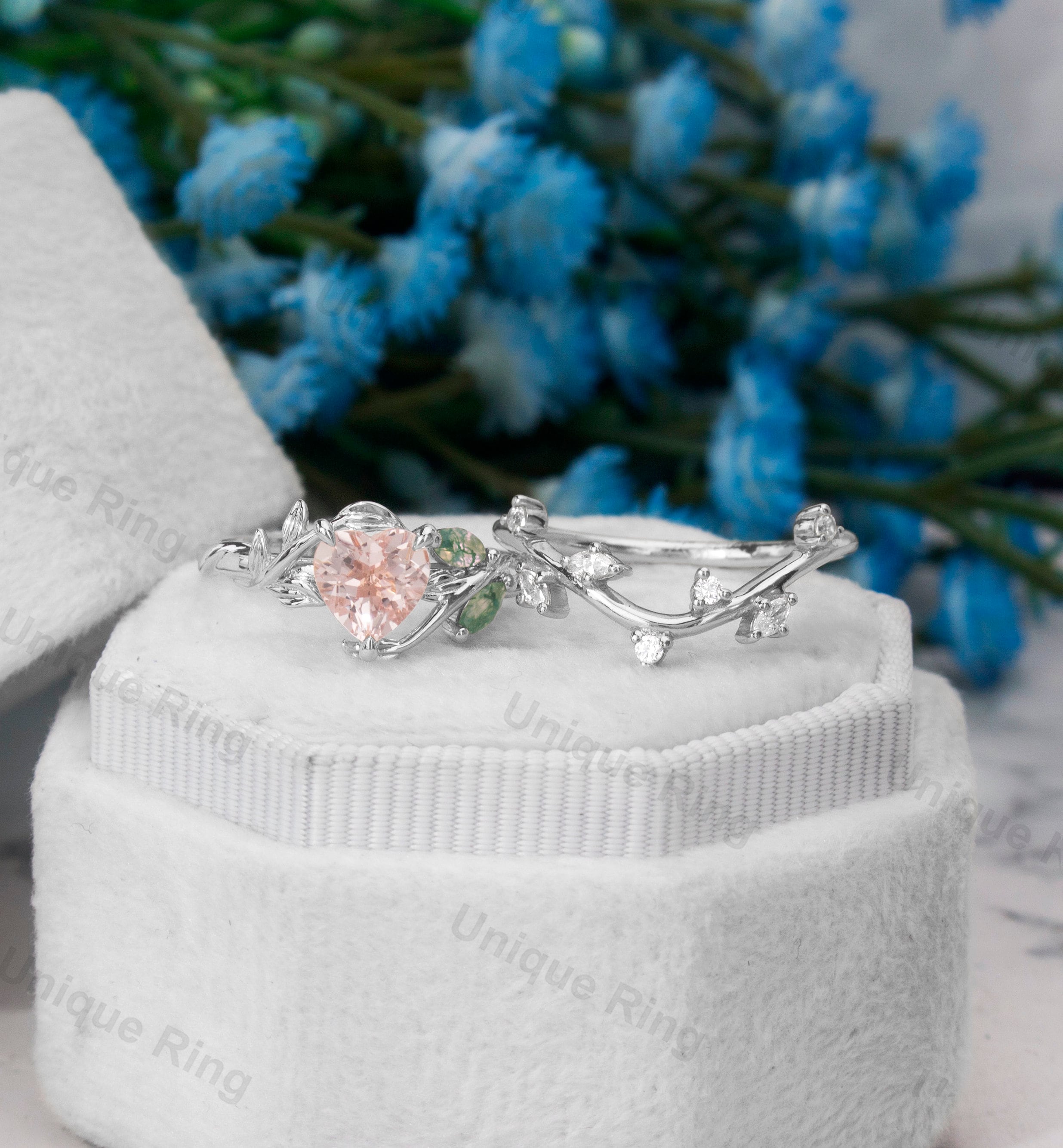 Cottagecore Vine Leaf Heart Cut Morganite Engagement Ring Set, Forest ...