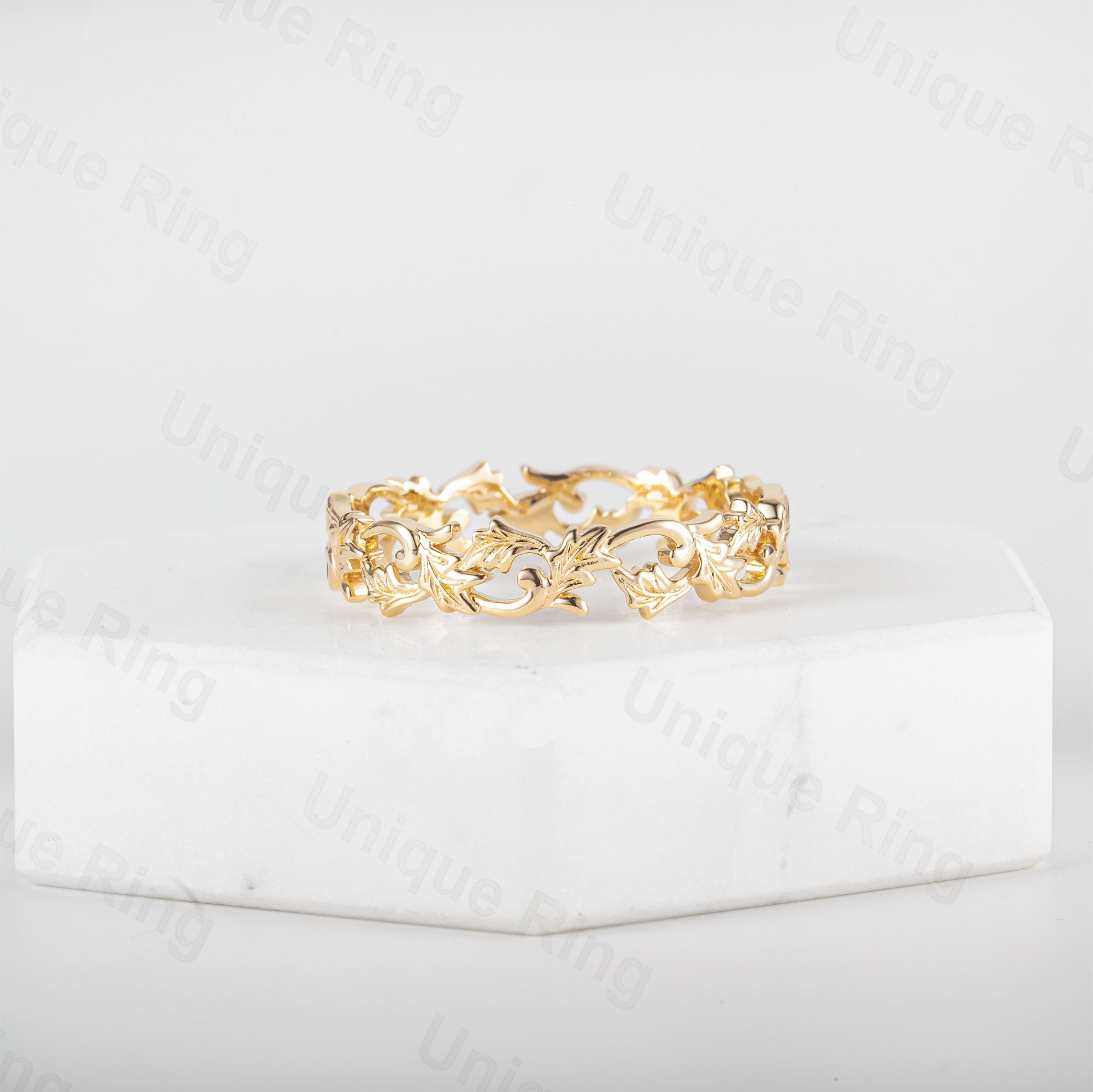 Cottagecore Leaf Solid Gold Couple Ring ,organic 14K Gold Floral ...