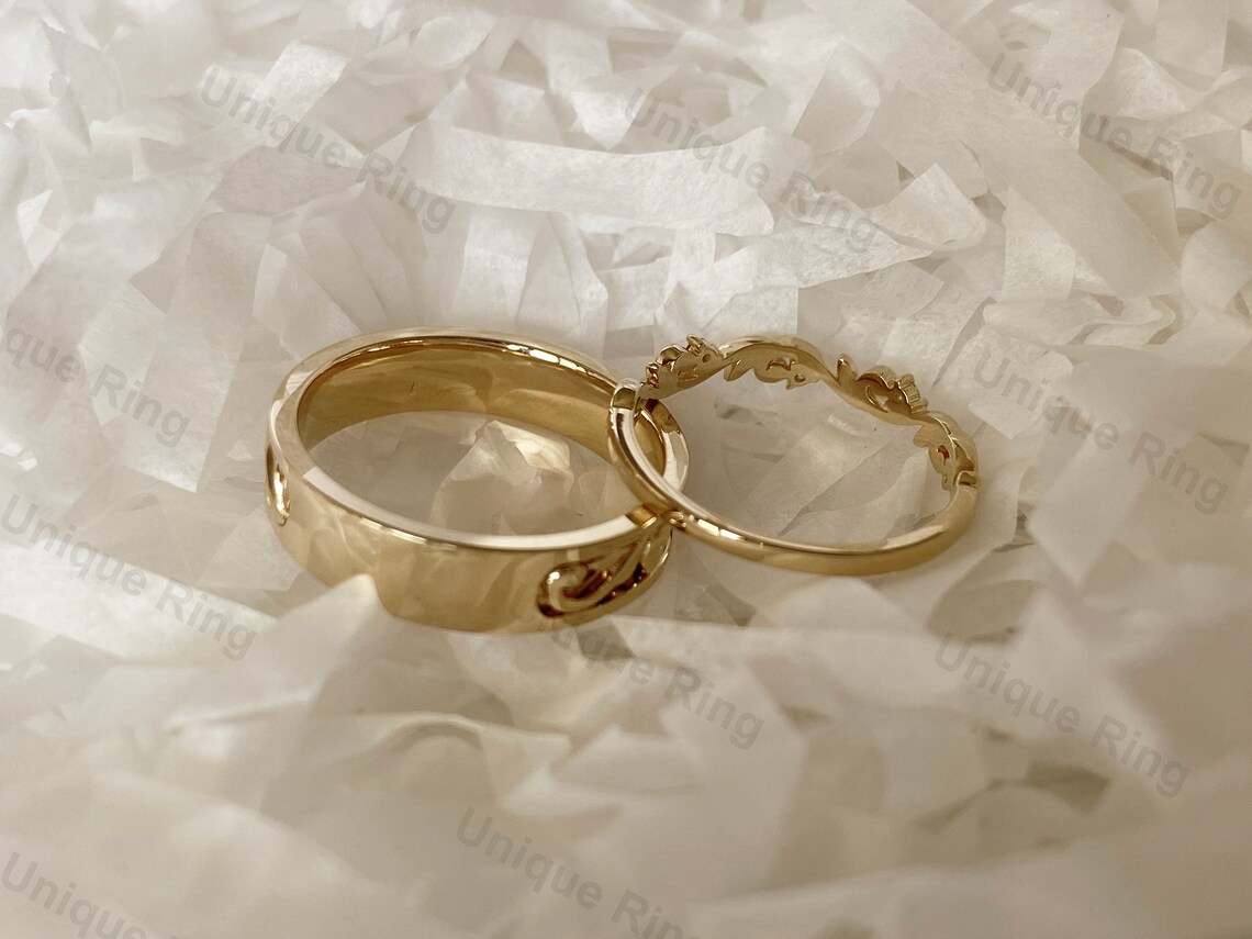 Natural Style Flower&leaf Wedding Ring Set. Cottagecore Leaf | Etsy