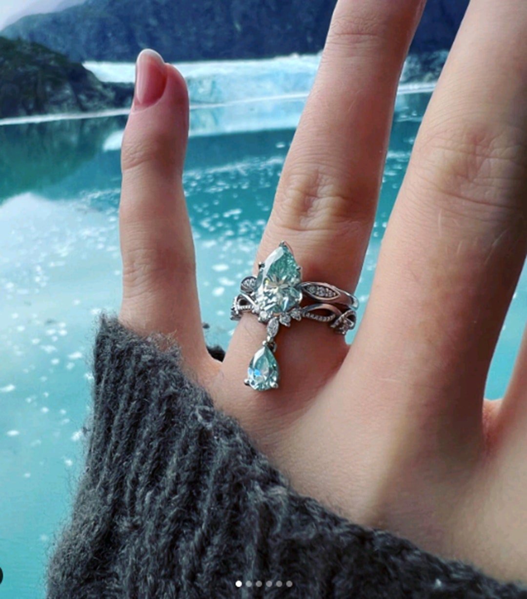 Cottagecore Pear Cyan Blue Moissanite Engagement Ring Set, Curved ...