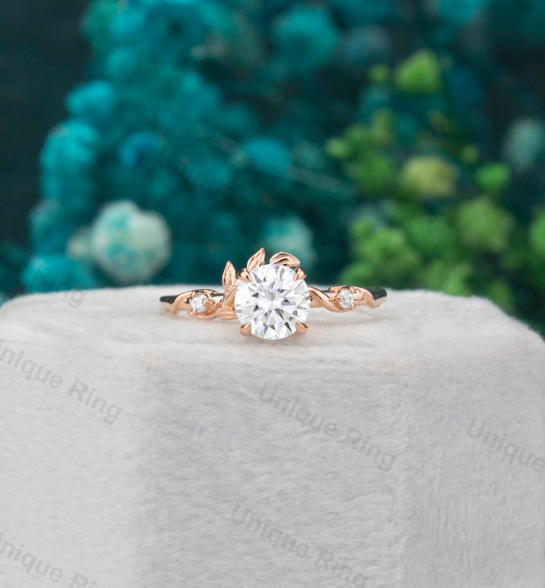 Cottagecore Round Moissanite Engagement Ring vine Leaf Ring - Etsy