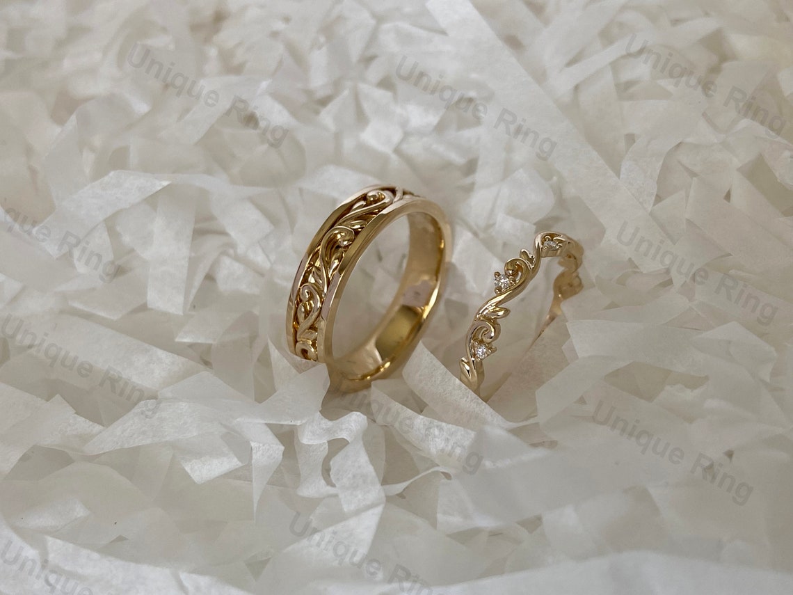 Natural Style Flower&leaf Wedding Ring Set. Cottagecore Leaf | Etsy