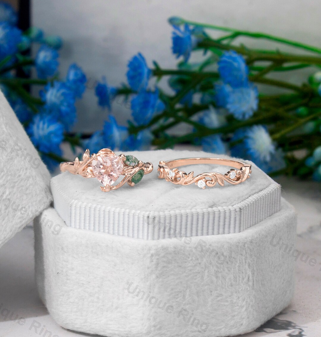 Cottagecore Vine Leaf Heart Cut Morganite Engagement Ring Set - Etsy