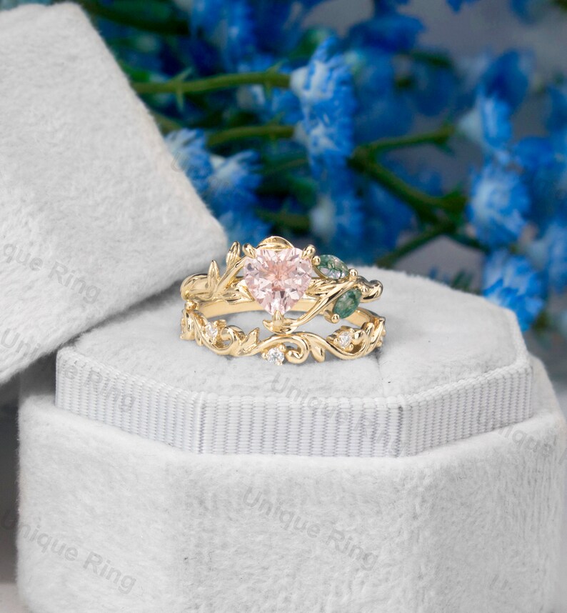 Cottagecore Vine Leaf Heart Cut Morganite Engagement Ring Set - Etsy