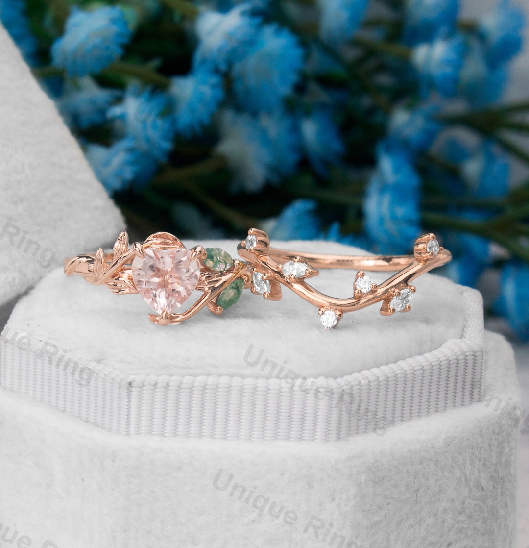 Cottagecore Vine Leaf Heart Cut Morganite Engagement Ring Set - Etsy ...