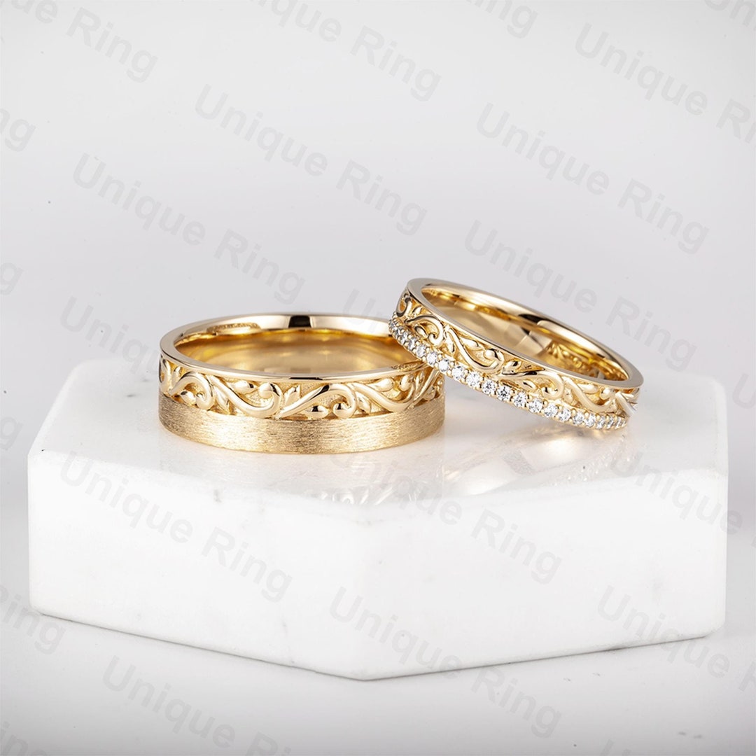 14K Gold Moissanite Floral Wedding Ring Set: Cottagecore Leaf Bands - Etsy