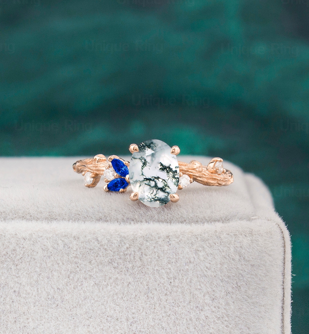 Cottagecore Moss Agate Engagement Ring – Twig, Sapphire Nature Ring - Etsy