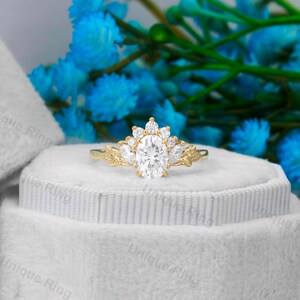 Cottagecore Oval Moissanite Engagement Ring, Leaf Moissanite Ring ...