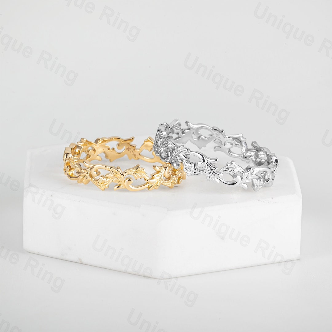 Cottagecore Leaf Solid Gold Couple Ring ,organic 14K Gold Floral ...
