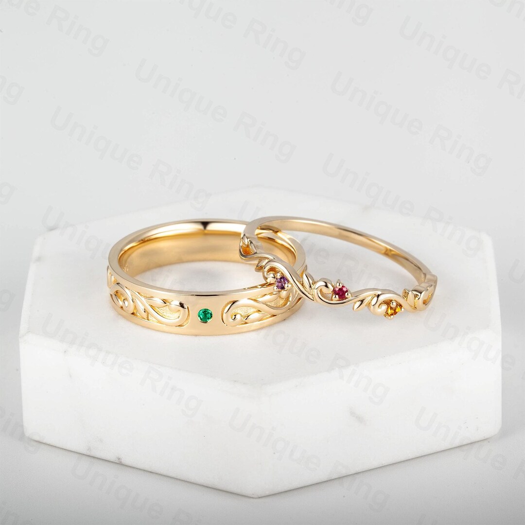 Natural Style Flower&leaf Wedding Ring Set. Cottagecore Leaf Gold Men’s ...